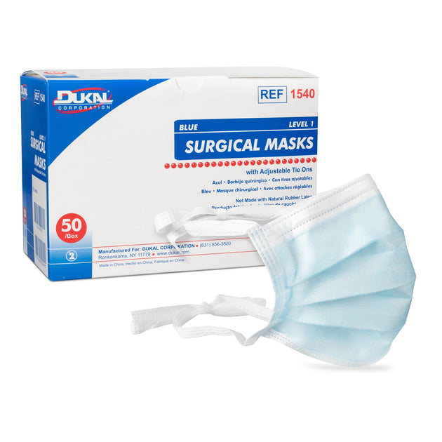 Dukal 3-Ply Surgical Mask ASTM Level 1 Standard, Tie Closure or Ear Lo